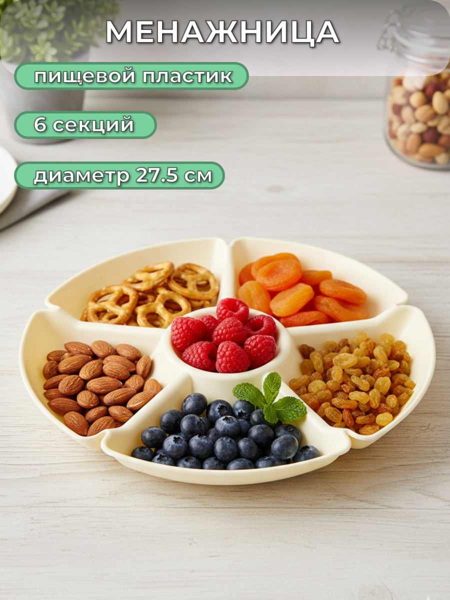 Менажница круглая Gotoff 27 см, пластик 6 секций, цвет желтый