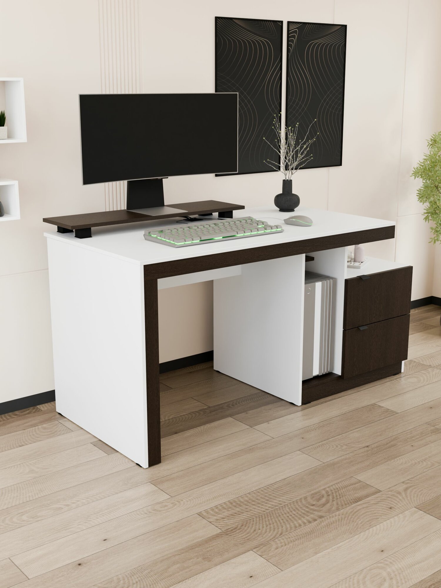 Изумлит Стол компьютерный для офиса и дома Вертикаль Лайт 162х80х74.5 см, тумба справа, белый-венге