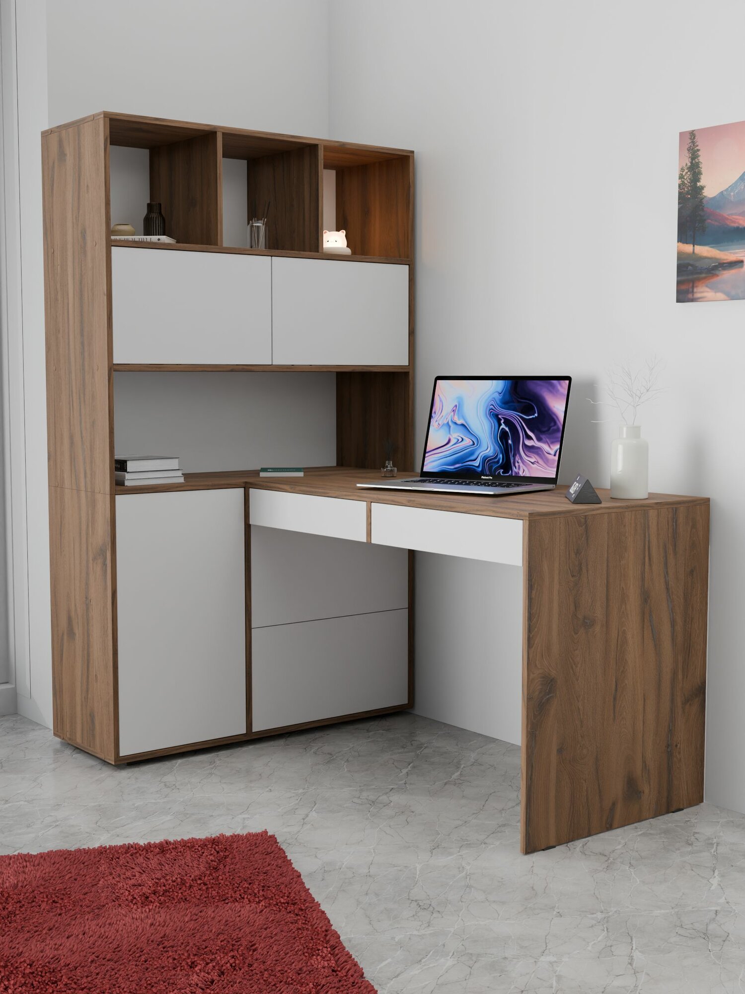 Изумлит Стол-шкаф письменный угловой для учебы и работы, шкаф слева 168х100х147.6 см, дуб крафт табачный-белый