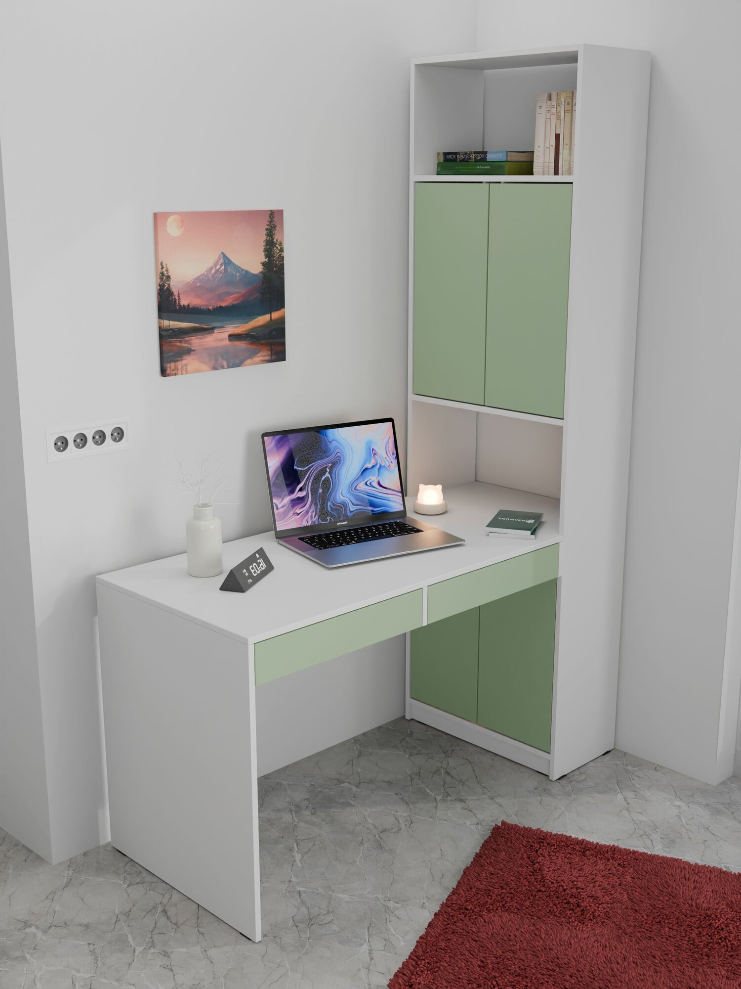 Изумлит Стол-стеллаж с дверьми письменный угловой, стеллаж справа 200х140х59.2 см, белый-мятный