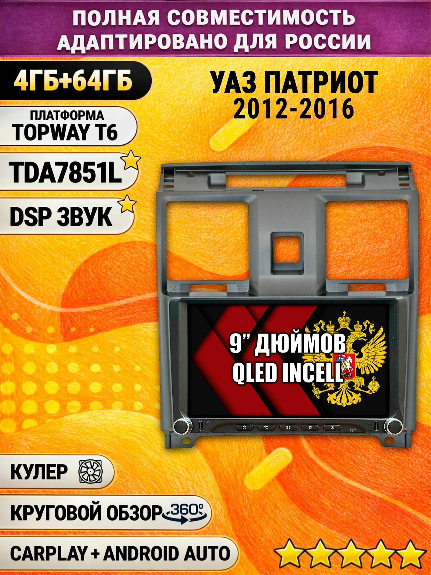 Штатная магнитола Андроид 9 для УАЗ патриот (2012 2013 2014 2015 2016) Uaz Patriot, UAZ PATRIOT, 4/64гб, DSP, 360 обзор, беспроводной CarPlay и Android Auto, GPS и ГЛОНАСС