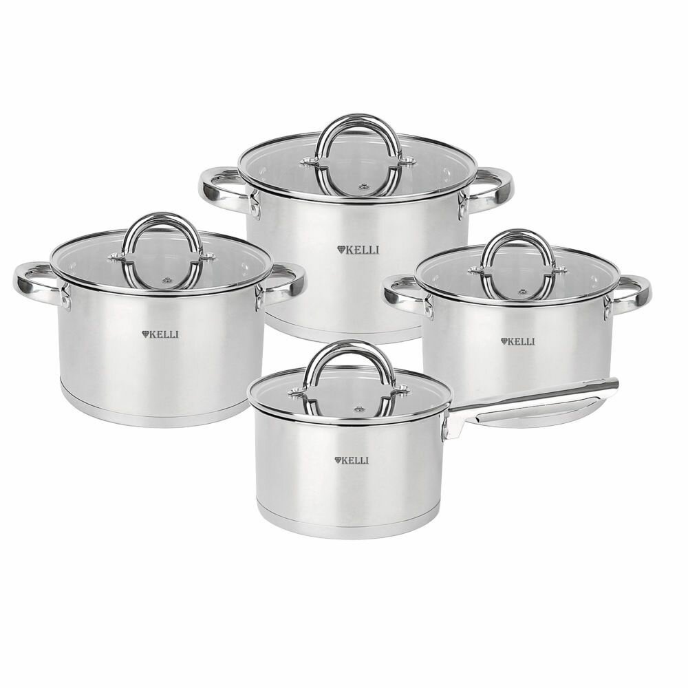Набор из 3 кастрюль и ковша из нержавеющей стали с толстым дном с крышками 1.8л, 2.5л, 3,5л, 1.8л Kelli для газовых и индукционных плит
