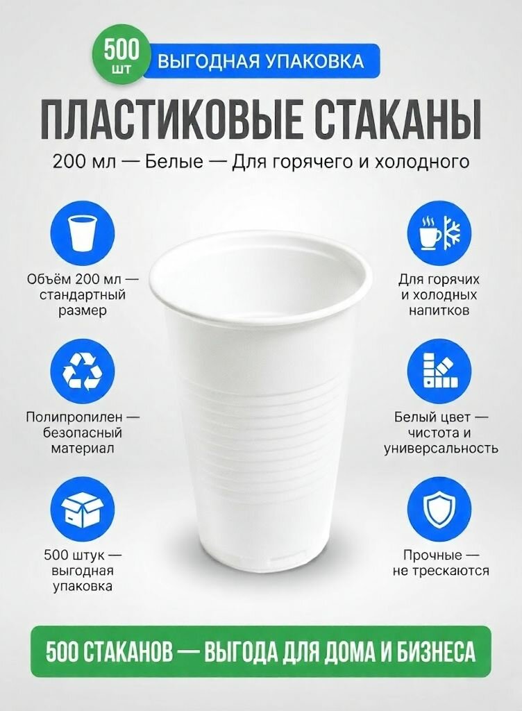 Пластиковые стаканы одноразовые 200мл, 500 штук, белые, полипропилен, для холодных и горячих напитков