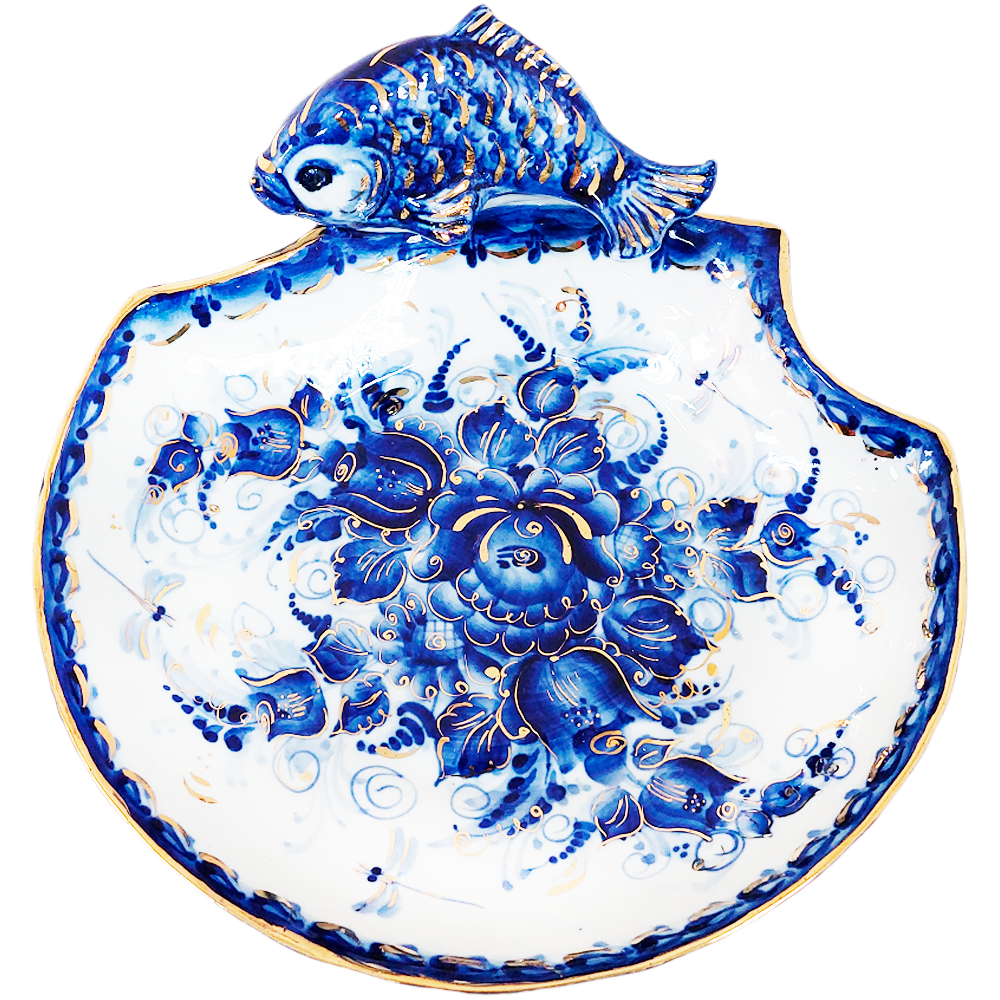 Фарфоровый салатник ручной работы "Золотая рыбка", гжель с золотом