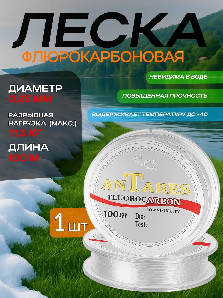 Леска флюрокарбоновая Etovei "AnTares", прозрачная, диаметр 0.25, разрывная нагрузка 11.5 кг, 100м