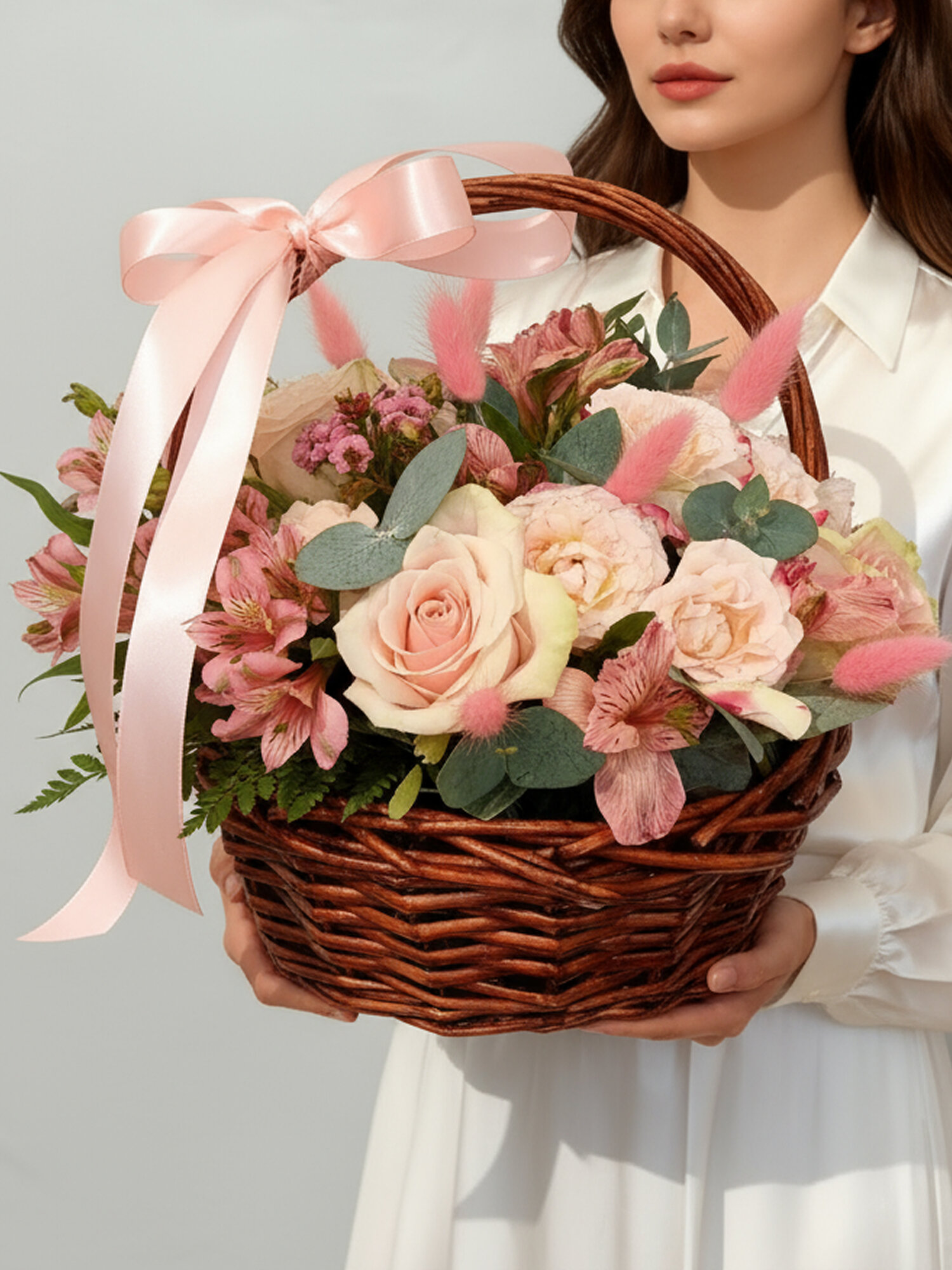 Корзина с цветами Vornikov Bouquets "Нежный День", с альстромерией, розой, гортензией, лагурусом, эвкалиптом