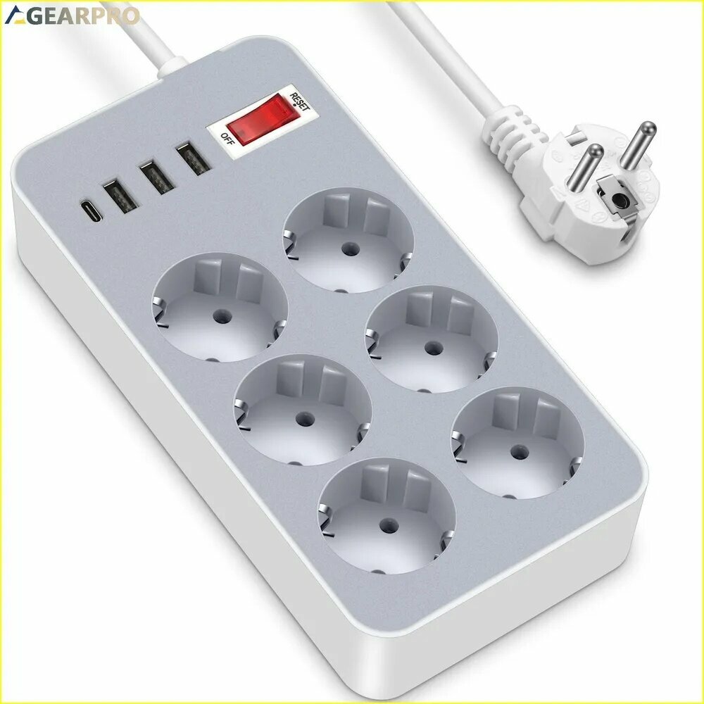 Многоразовый розеточный блок 10-в-1 с кабелем 1,2 метра, 6 розеток, 4 USB порта (3 USB + Type C), EU вилка, корпус из ABS, защита от перенапряжения и молнии, красная медь, напряжение 220V, ток