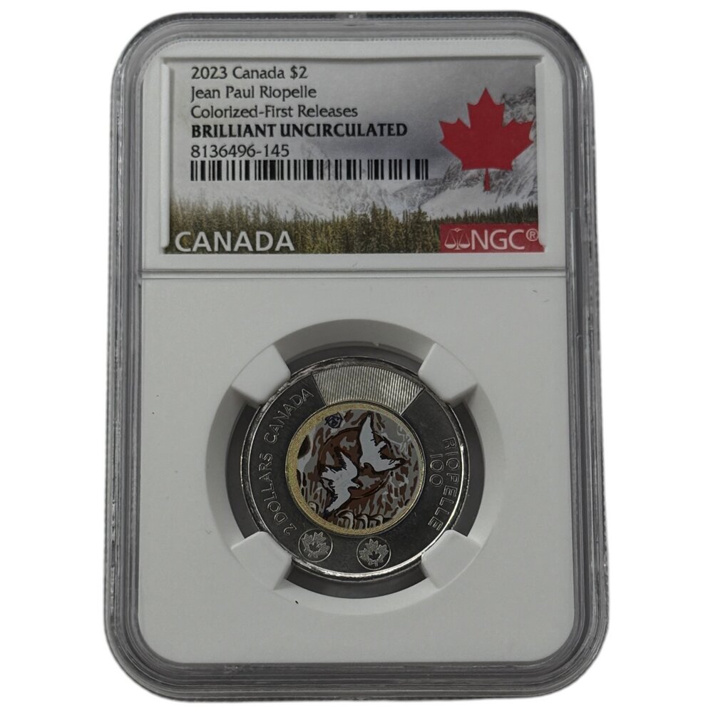 Канада 2 доллара 2023 г. (100 лет со дня рождения Жан-Поля Риопеля) (Цветная) (Слаб NGC BU) (Лот №2)