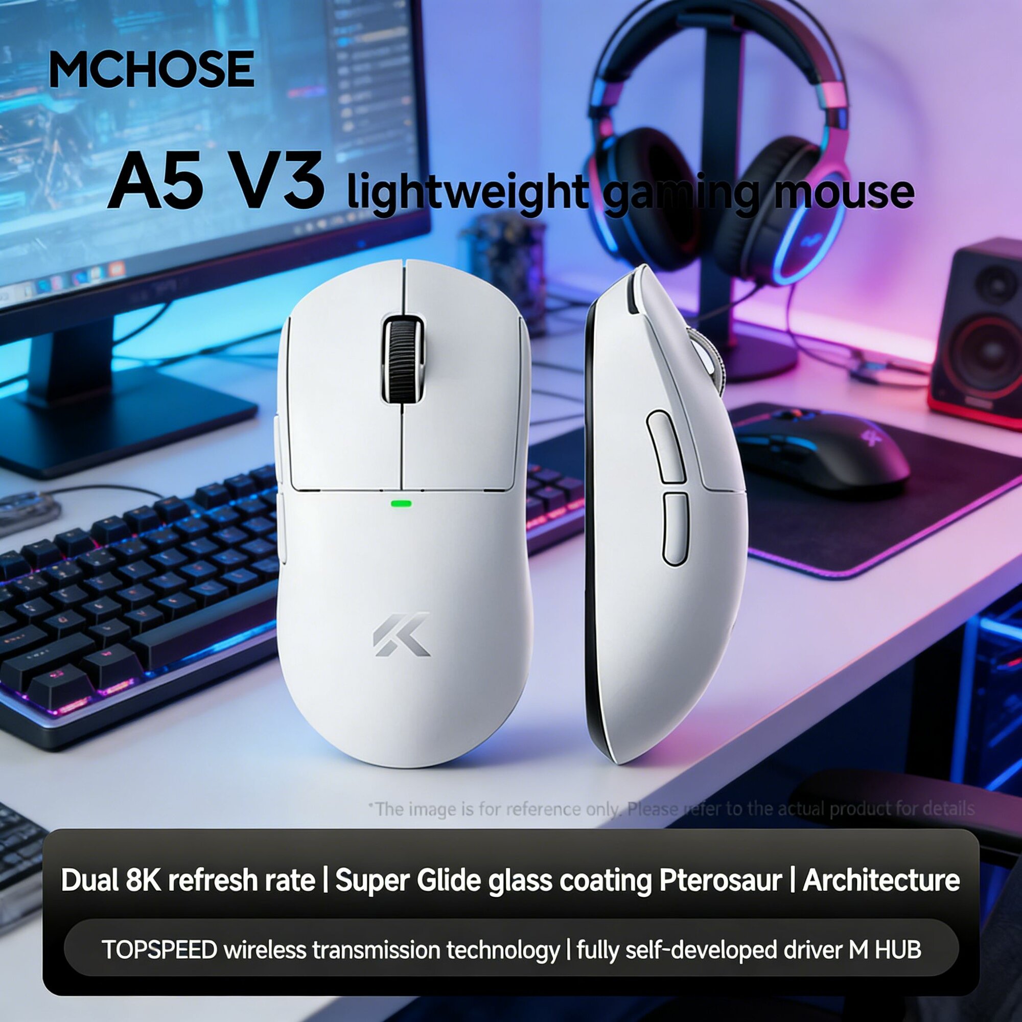 MCHOSE Игровая мышь беспроводная, черный матовый, темно-бежевый-