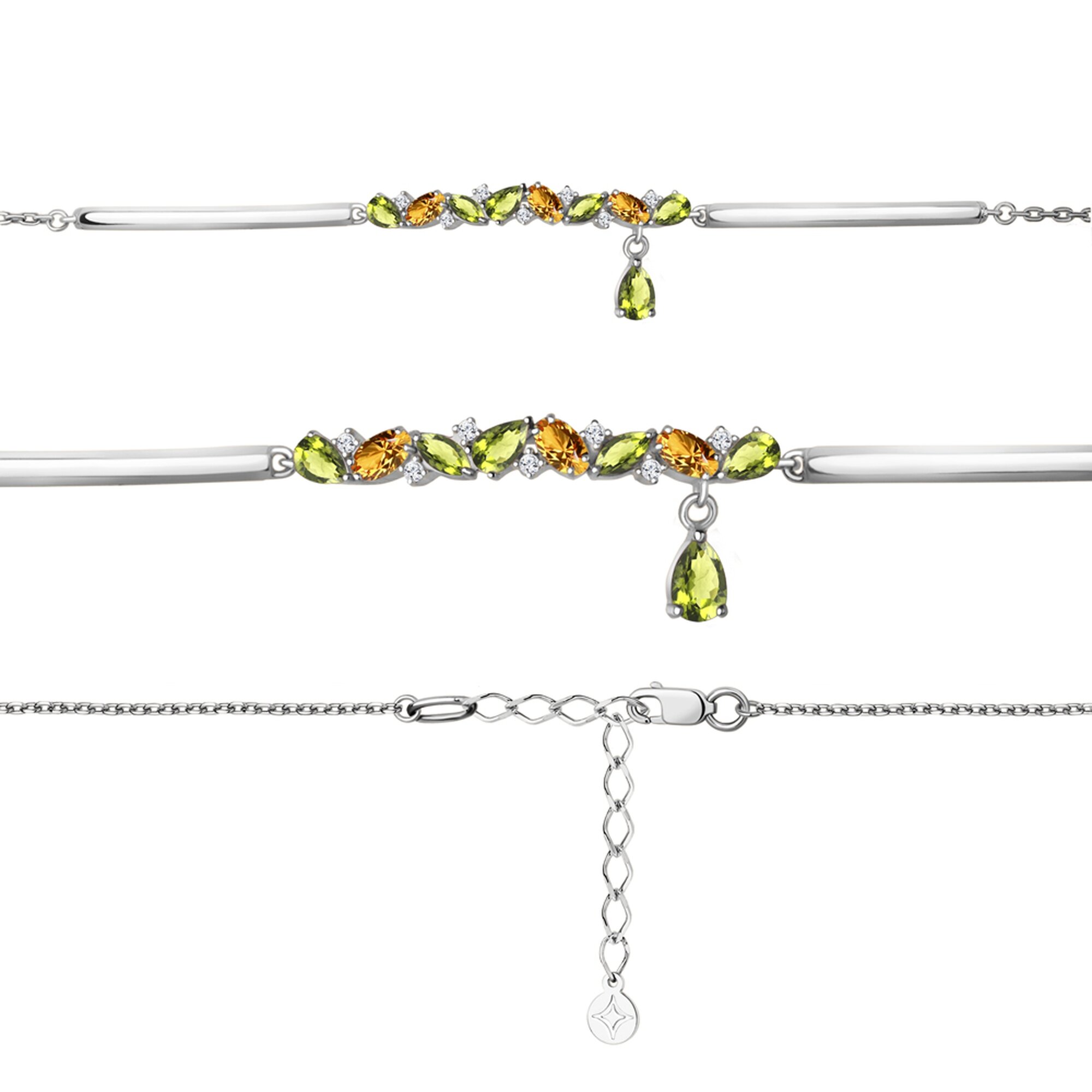 Браслет, серебро, 925 проба, родирование, хризолит, фианит