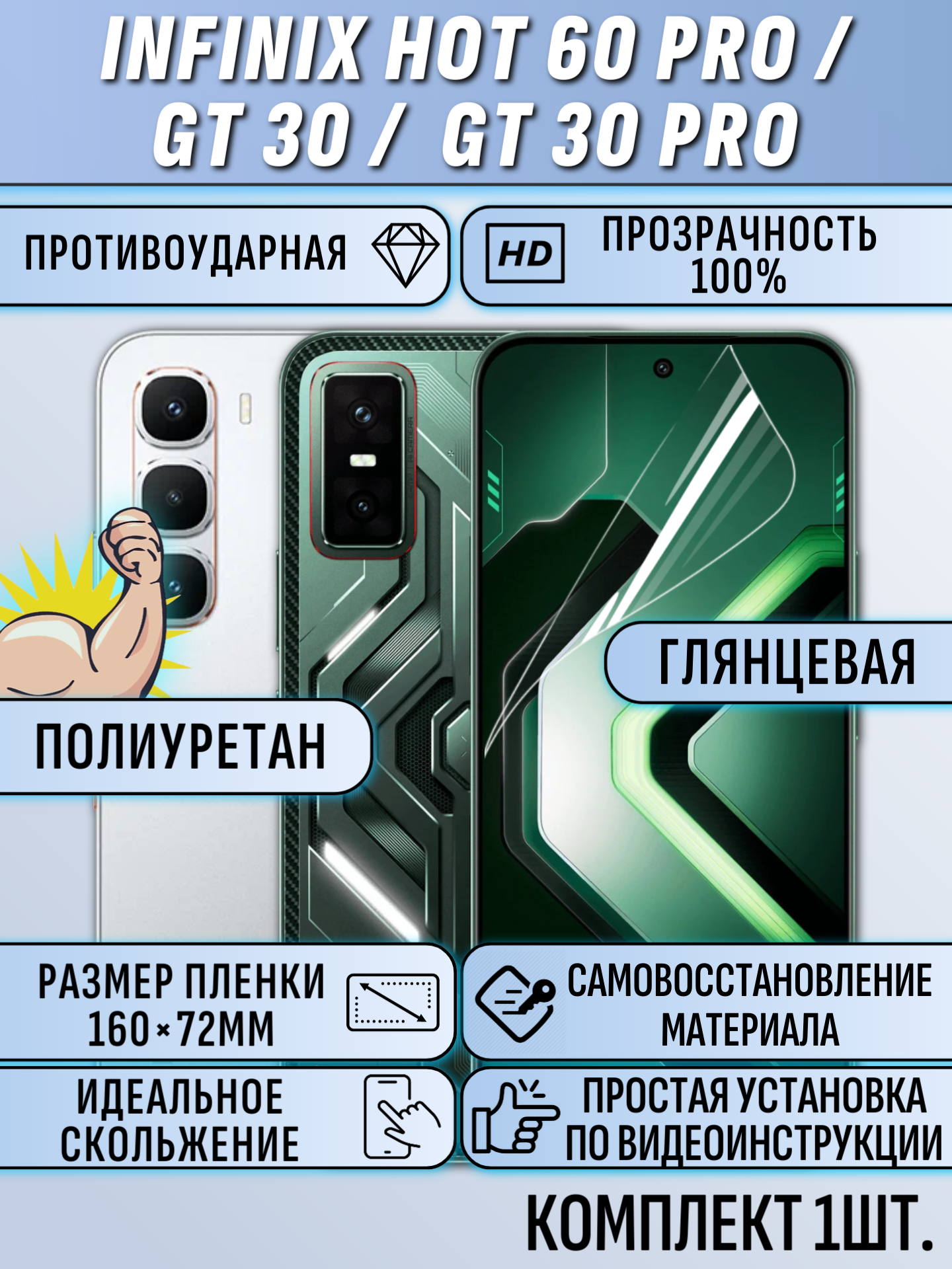 Гидрогелевая пленка Infinix HOT 60 Pro / Infinix GT 30 / Infinix GT 30 PRO глянцевая защитная 1шт.