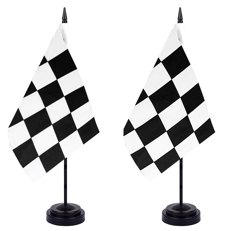 Клетчатый флаг со стойкой - 14x21 см - Небольшой гоночный флаг с черно-белыми квадратами - Прочный полиэстеровый флаг для офиса, рабочего стола или мероприятия - Идеально подходит для любителей автогонок
