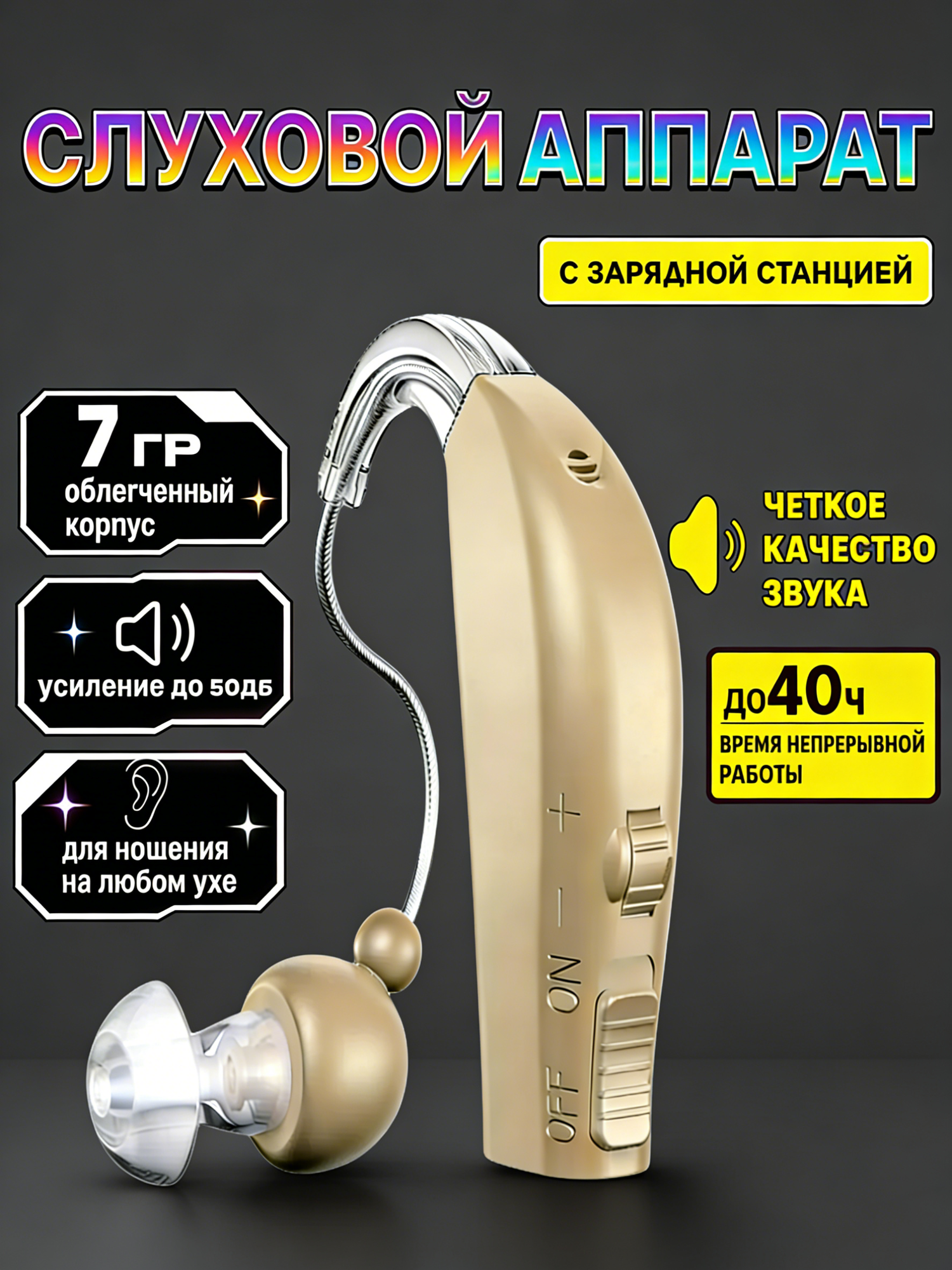 Слуховой аппарат, усиление звука до 30Х, влагозащита, мягкие амбушюры