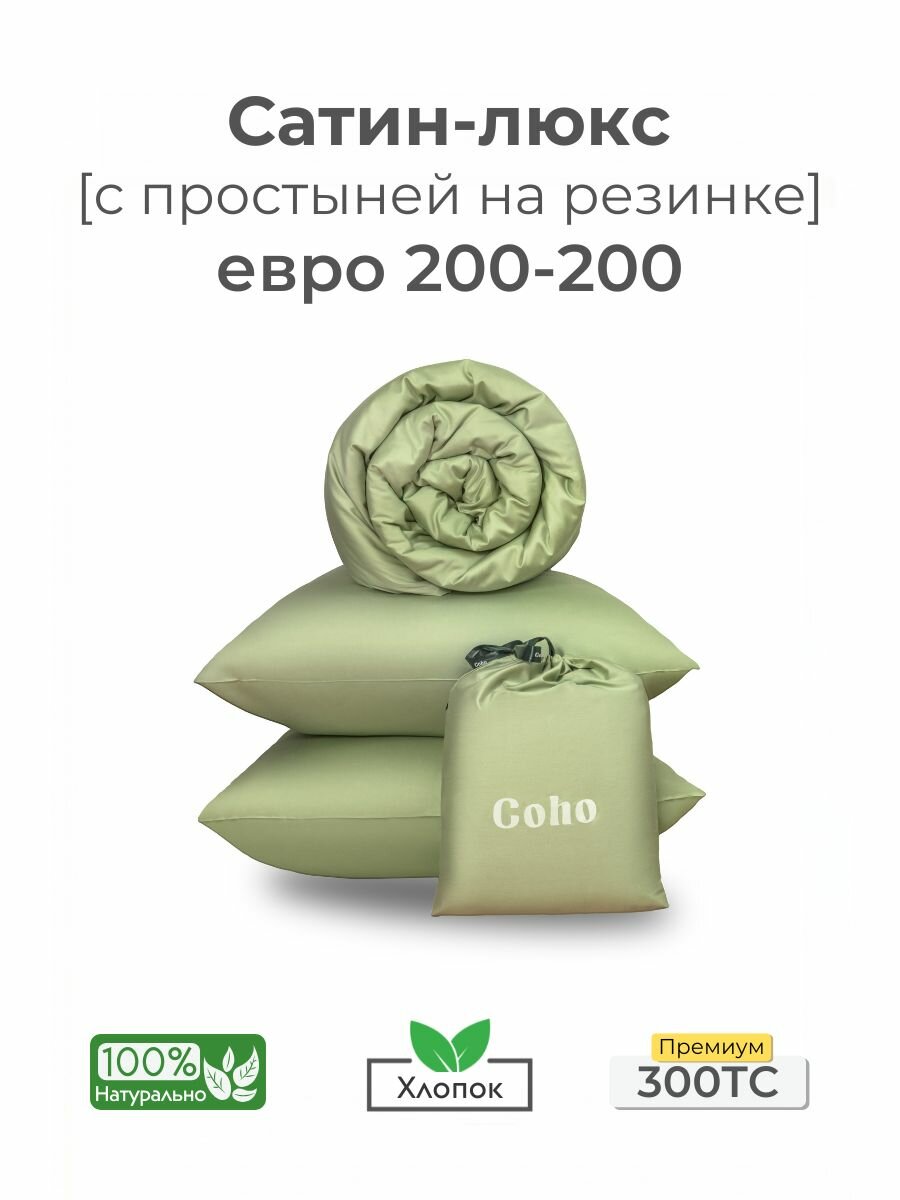 Комплект постельного белья, евро, 50x70, 200х200, на резинке, сатин люкс, светло-зеленый
