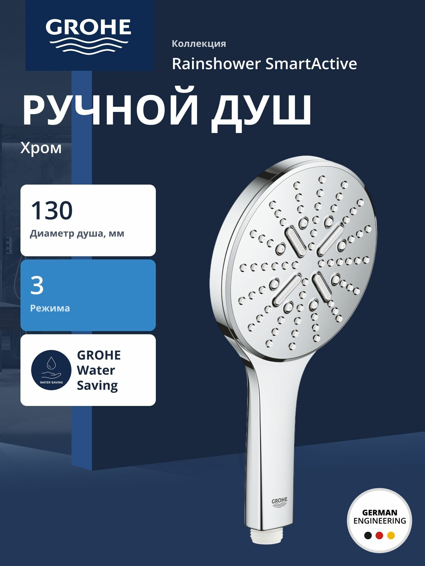 Ручной душ GROHE Rainshower SmartActive 130, 3 вида струй, хром (26574000)