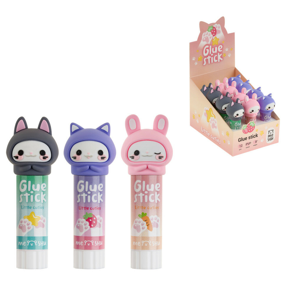 Клей-карандаш MESHU с топпером "Cuties", 8г, дисплей бокс, ПВП, ассорти, 12 штук, 386090