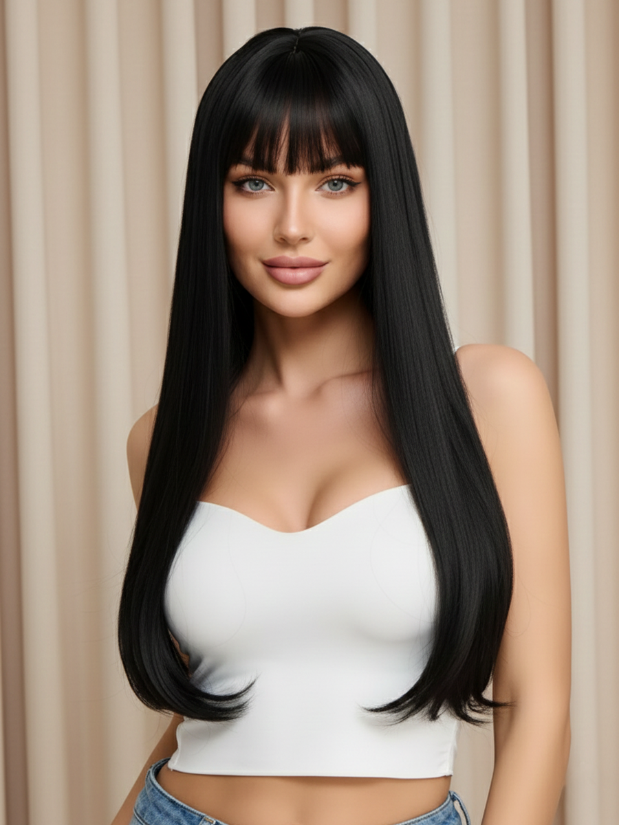 Парик длинный с челкой, черный 60 см, волосы как натуральные