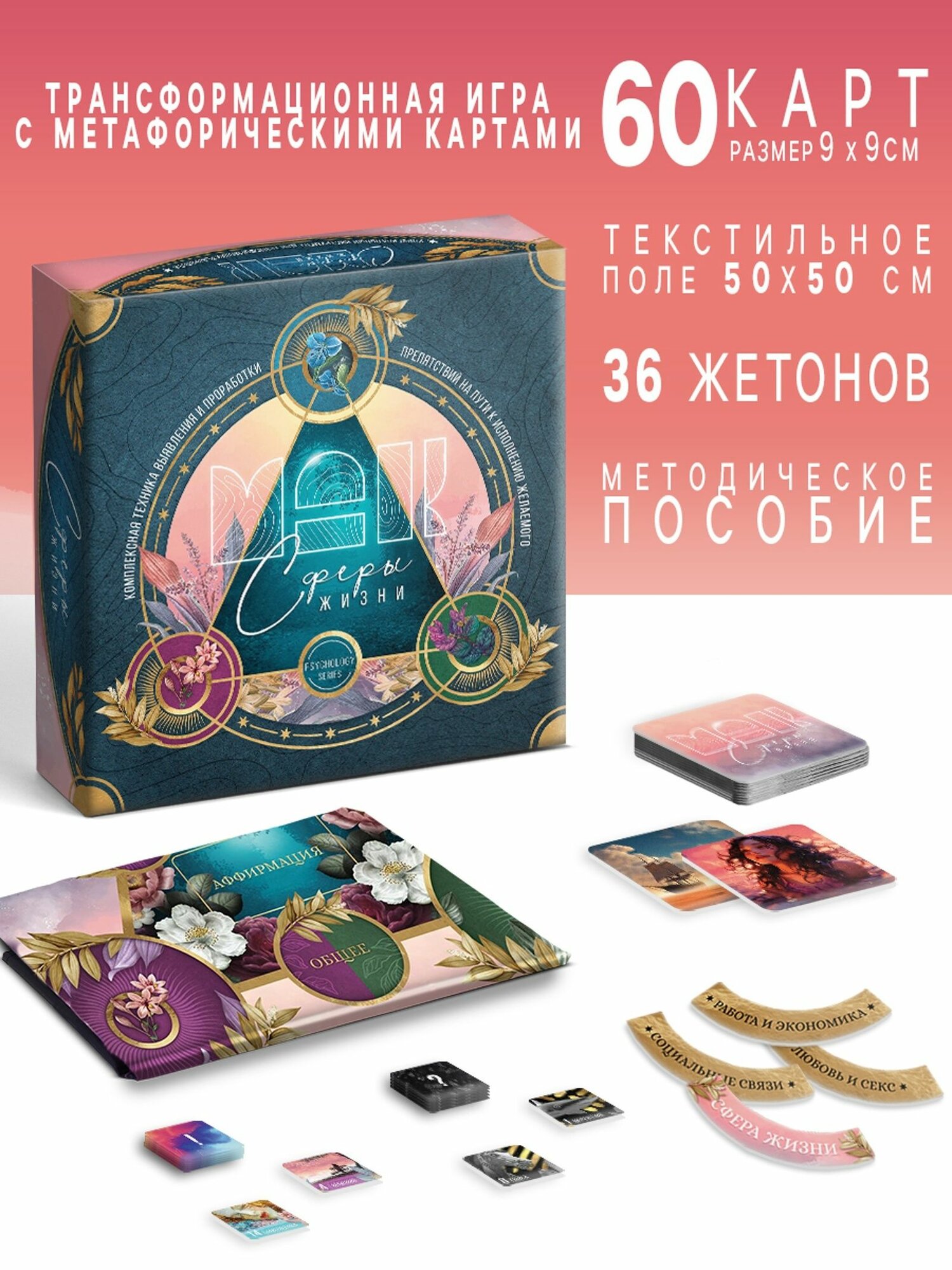 Трансформационная игра Сферы жизни , 60 карт (9 х 9 см), 36 жетонов (3 х 3 см и 3.5 х 10 см), игровое поле (50 х 50 см),16+