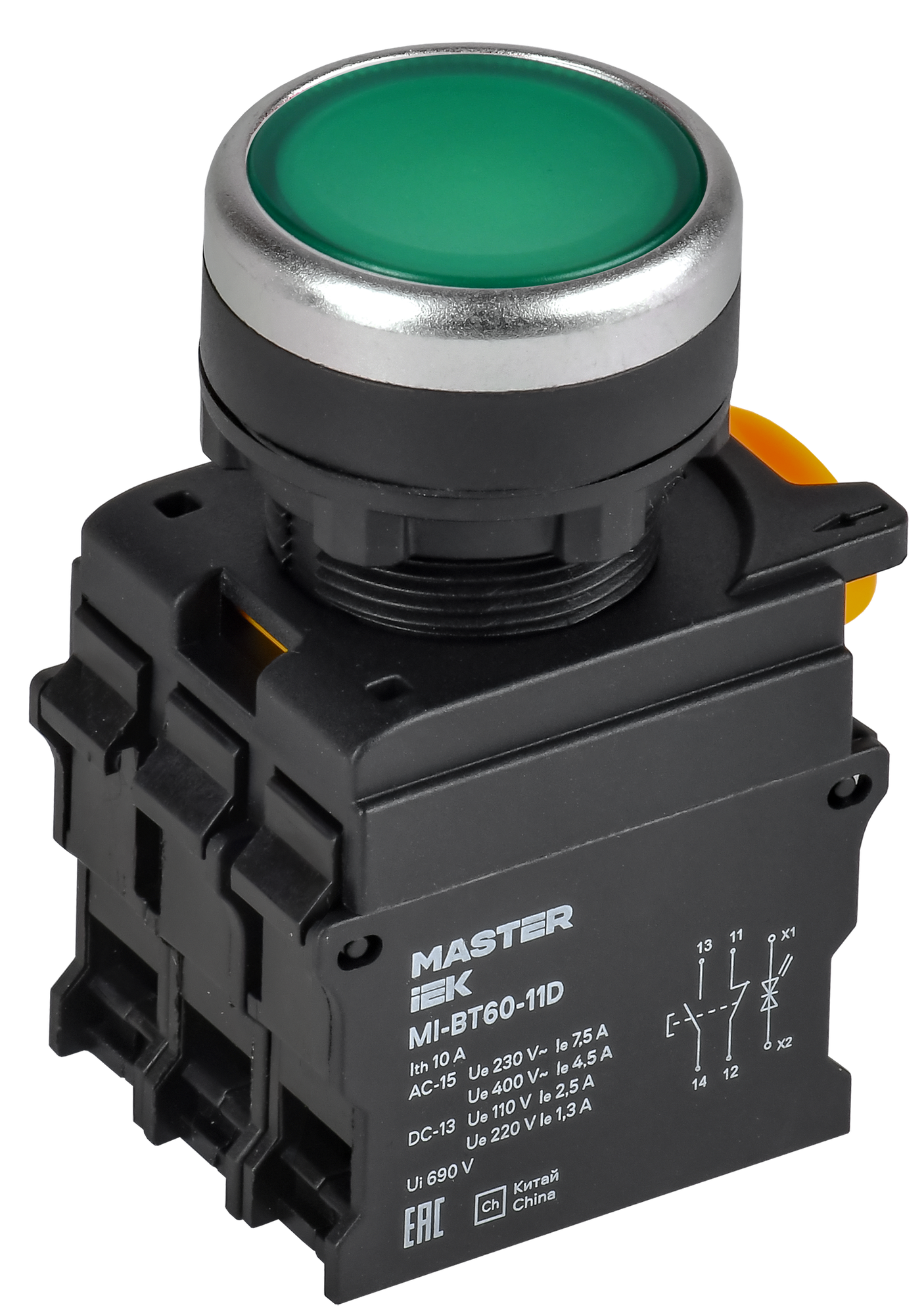 Кнопка с подсветкой d=22мм 1NO+1NC зелёная MASTER IEK MI-BT60-11D-3-12-K06