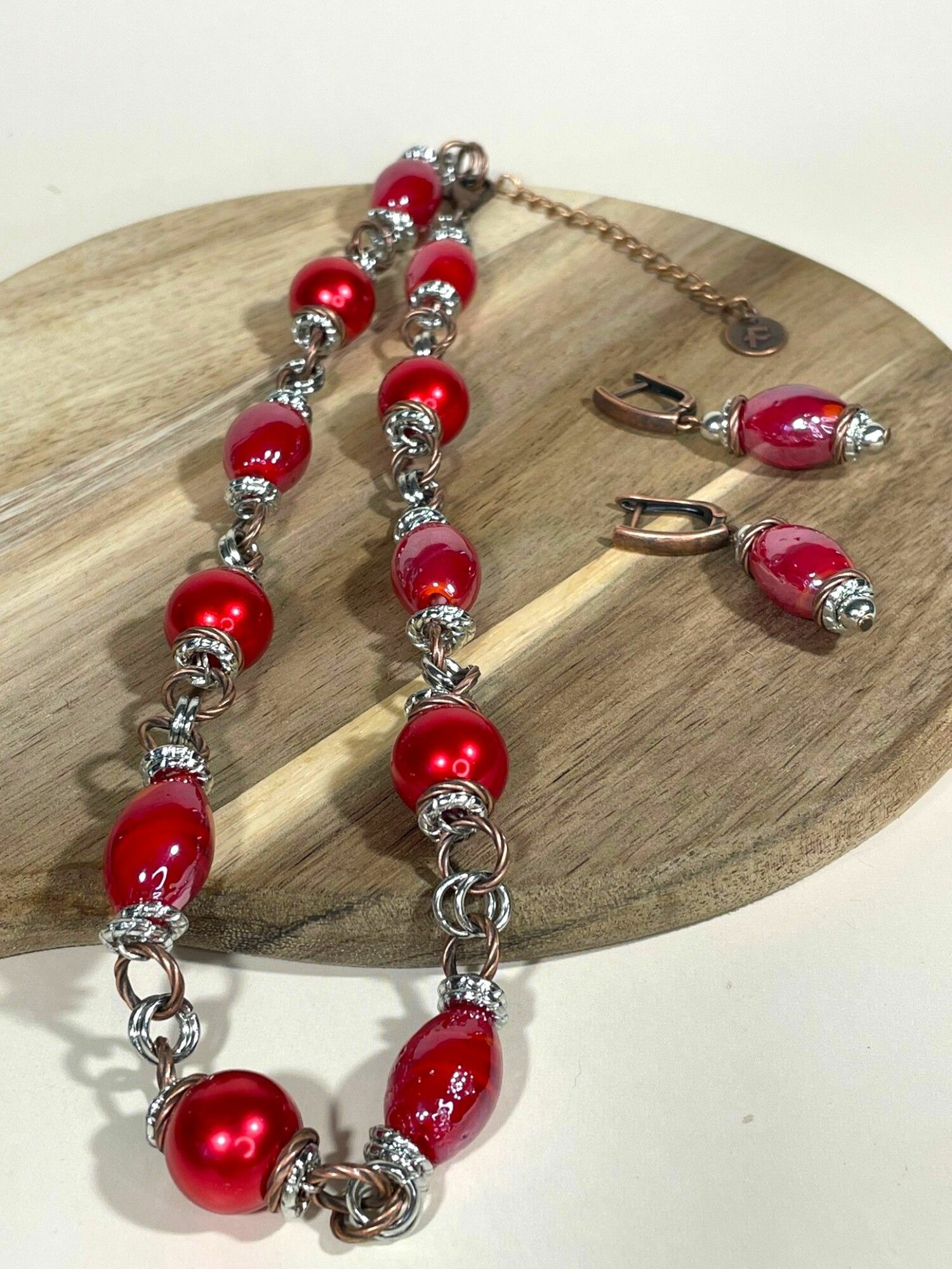 Комплект бижутерии: колье, серьги, стекло, металл, жемчуг имитация, муранское стекло