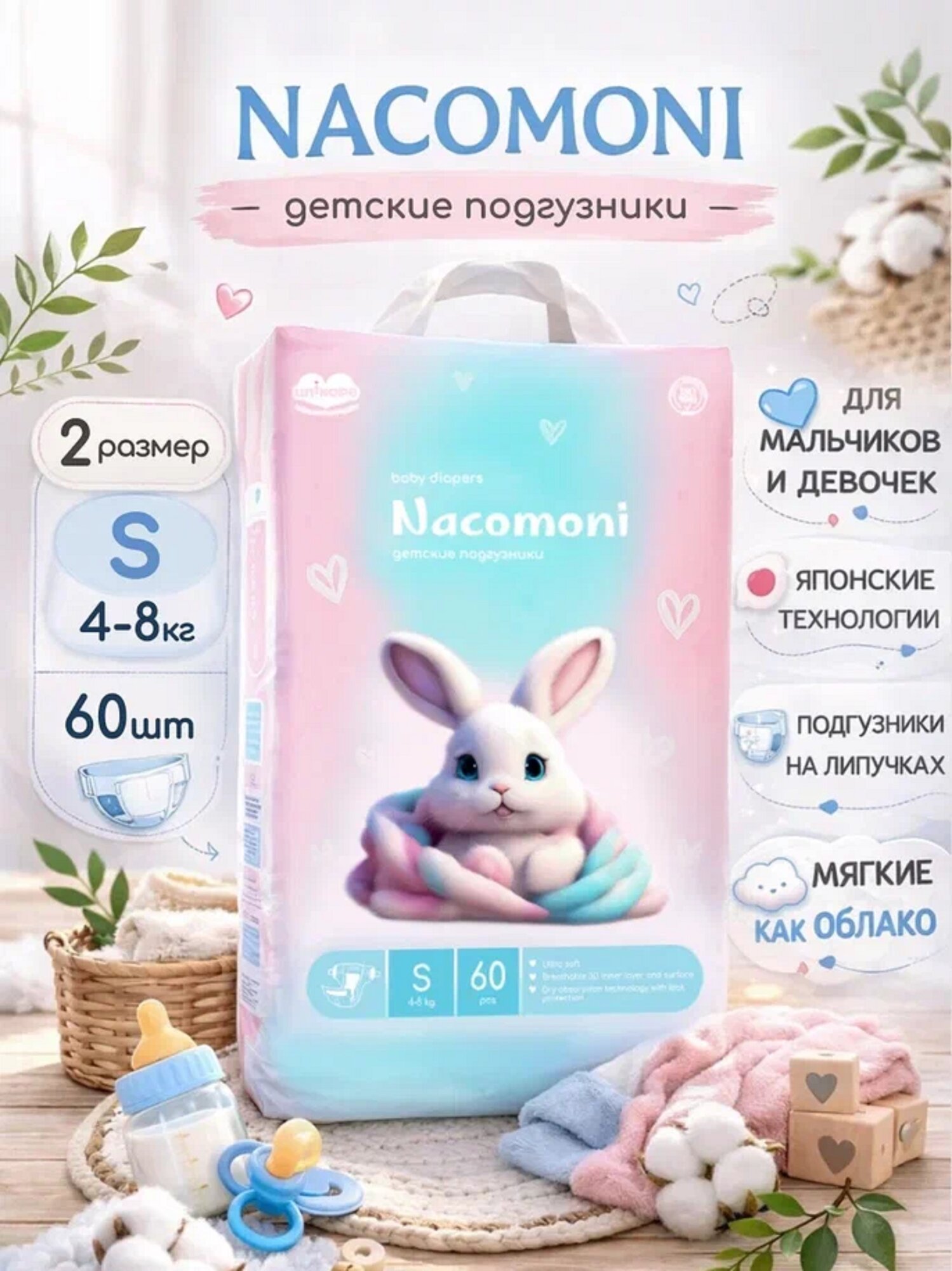 Подгузники Накомони, S, 4-8кг, 60шт, с индикатором наполнения