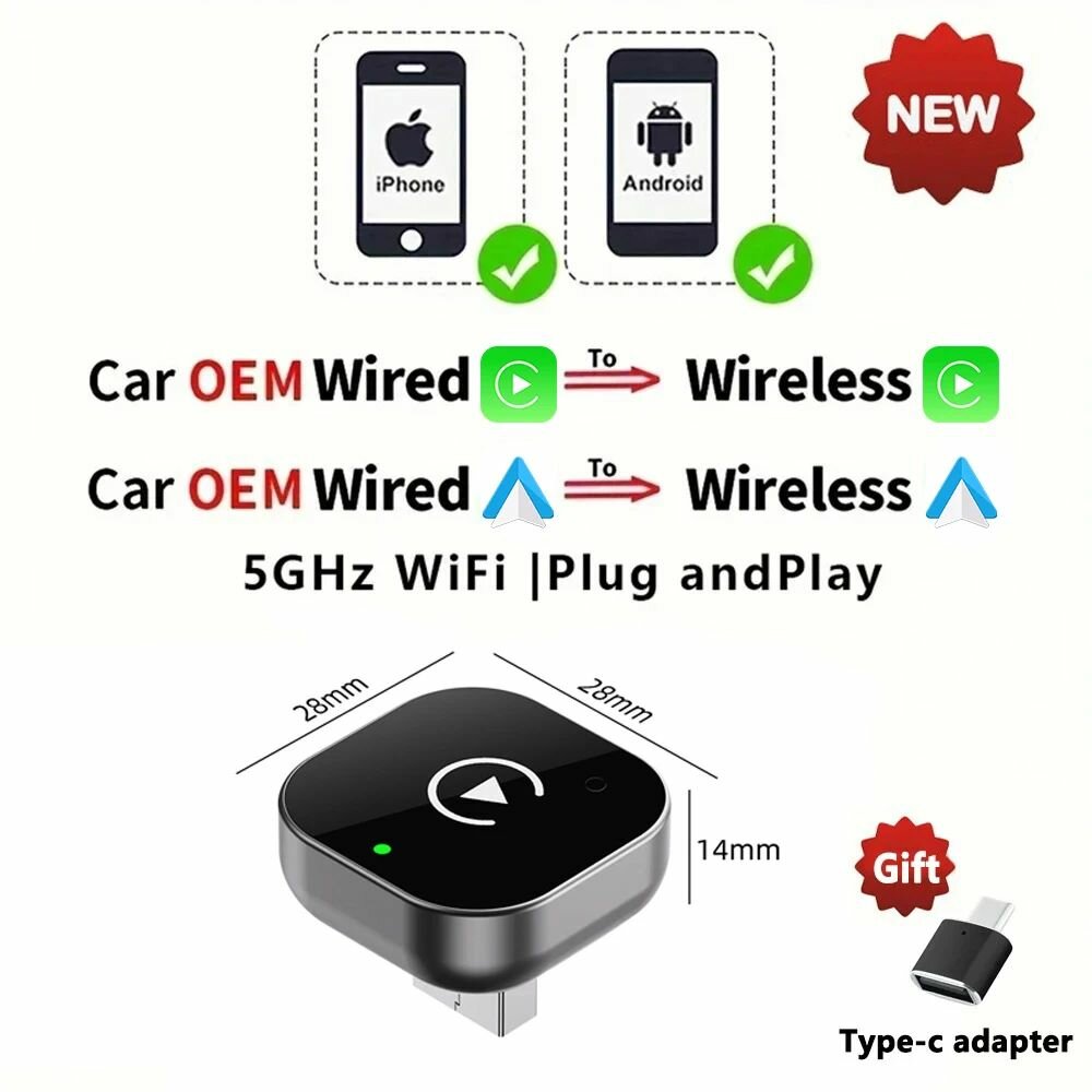EKIY 2в1 беспроводной адаптер CarPlay/Android Auto — USB Dongle 5ГГц Wi-Fi OTA, для iPhone 6+/iOS10+ и Android 11+