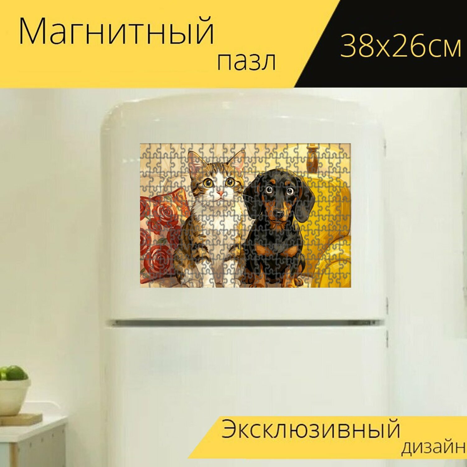Магнитный пазл "Кот и такса на диване. Уютная иллюстрация с домашними питомцами в интерьере гостиной: полосатый мурлыка и черно-коричневая собака сидят." для интерьера, 38х26 см.