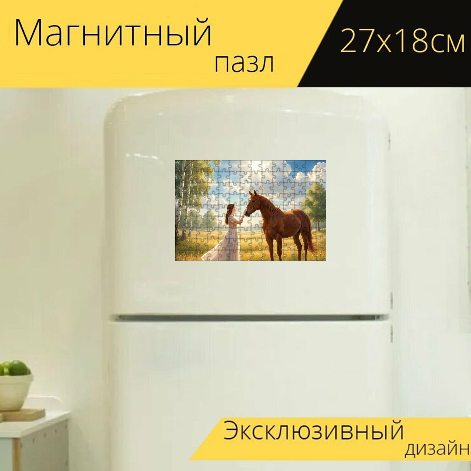 Магнитный пазл "Девушка с рыжей лошадью. Романтическая летняя сцена в солнечном поле с берёзами, облаками и луговыми цветами. Нежная сказочная." на холодильник 27 x 18 см.