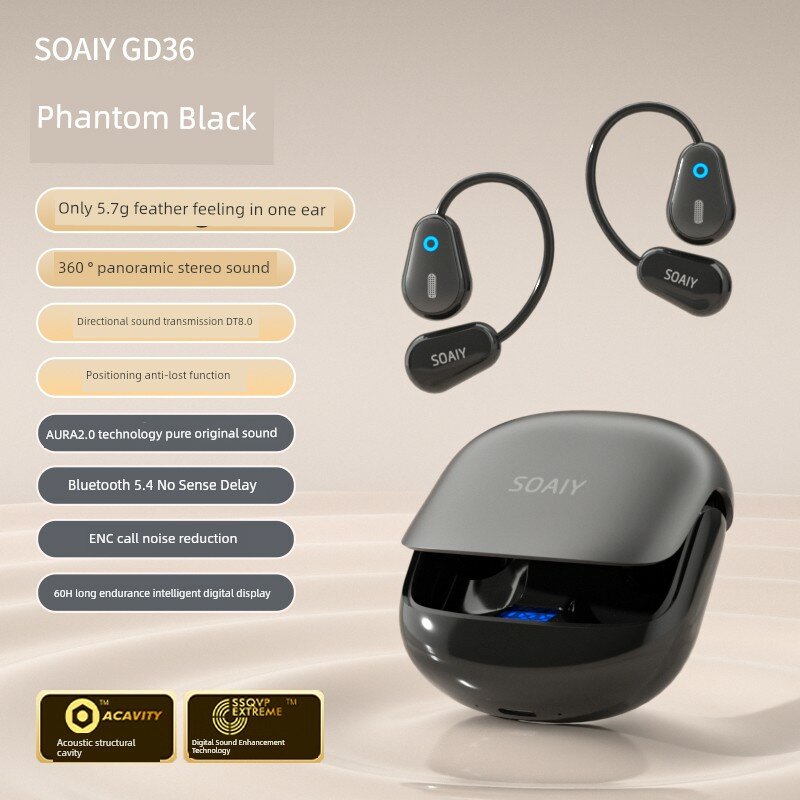 SOAIY GD36 беспроводные наушники Bluetooth открытого типа для бега и спорта, удобная клипса на ухо - тёмно-чёрный цвет