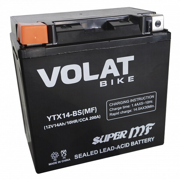Аккумулятор мотоциклетный Volat 14Ah 200А YTX14-BS ПП (MF) L+ (150x87x145) 150x87x145