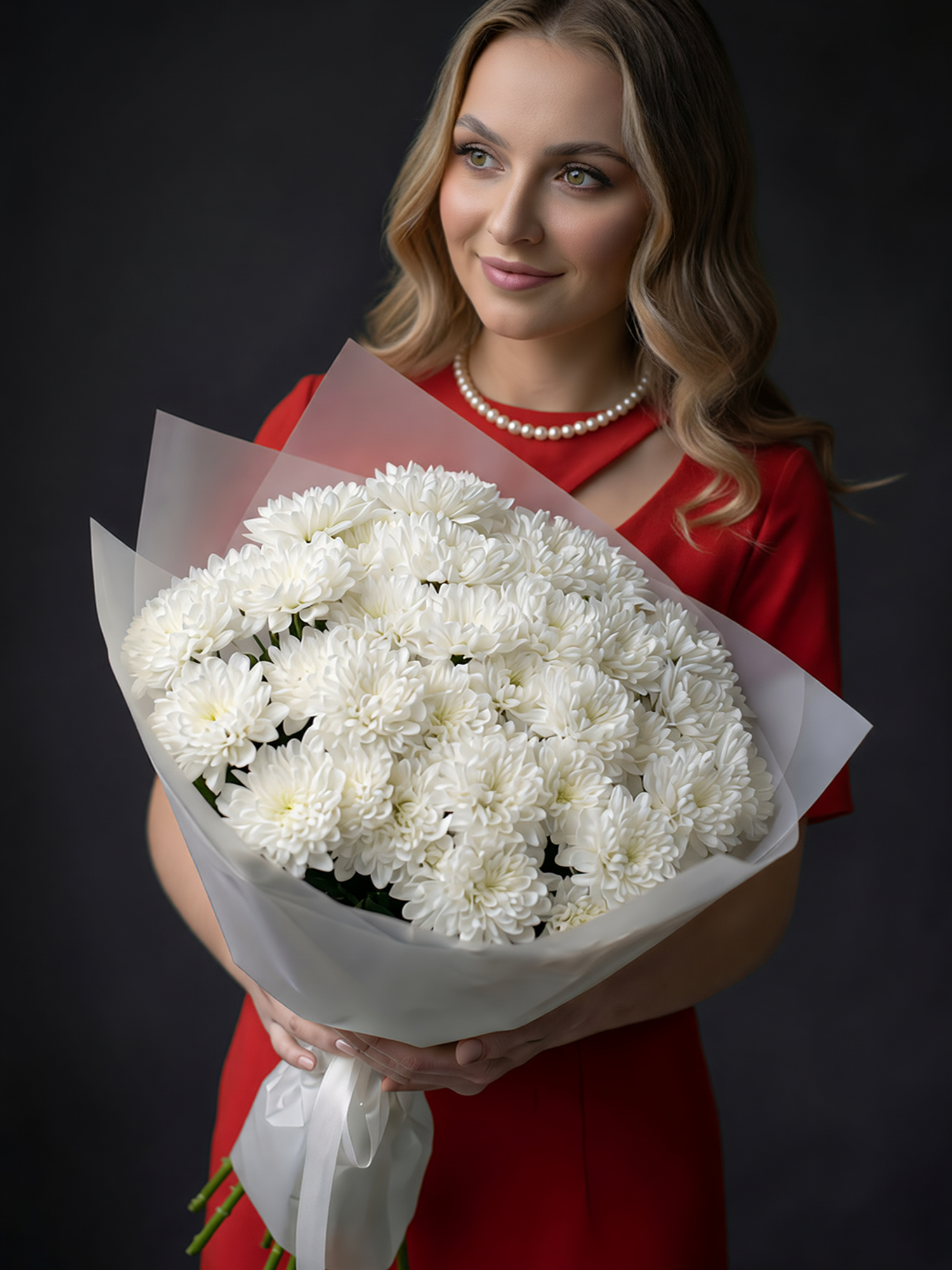 Белое облако нежности - это букет живых цветов из кустовых хризантем белого цвета