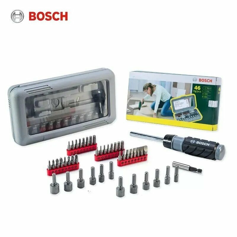 Биты для отверток с храповым механизмом Bosch 46шт, с удлинительным стержнем, шестигранной втулкой, храповой ручкой
