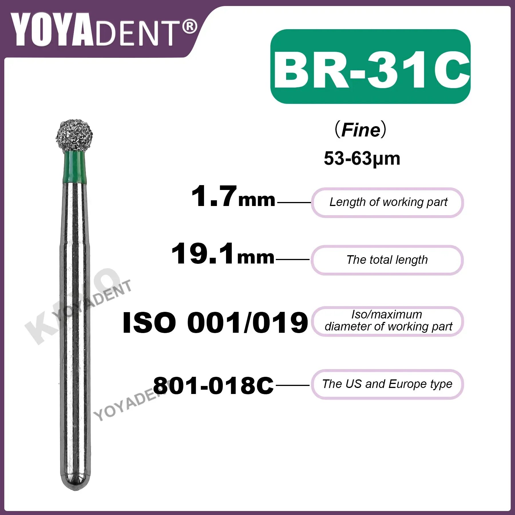 Алмазный бор YOYADENT BR-31C (Fine) 1.7 мм, 10 шт.