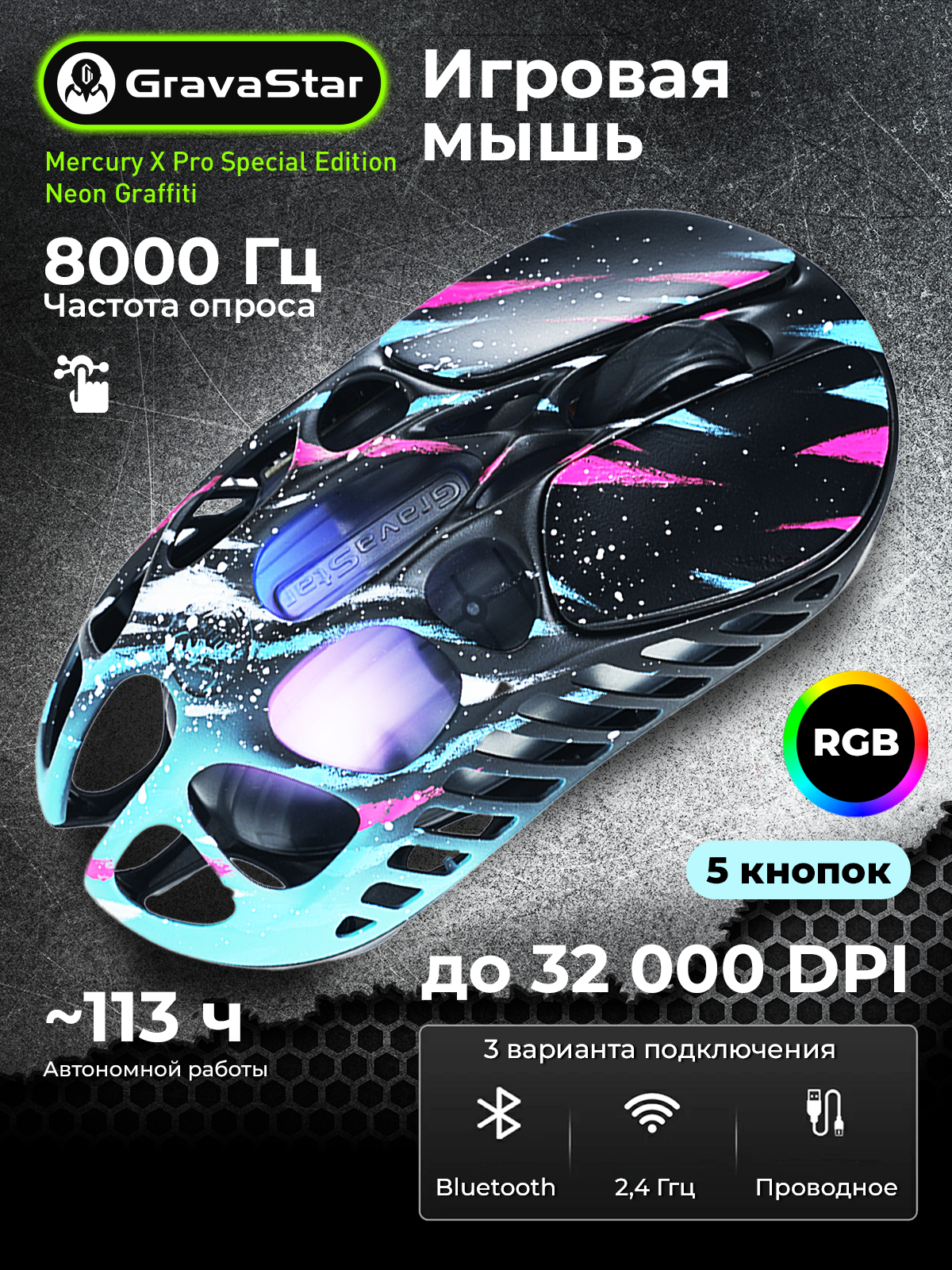 Игровая компьютерная мышь Gravastar Mercury X Pro CG BLK, 3 вида подключения: Bluetooth, 2,4 Ггц, USB