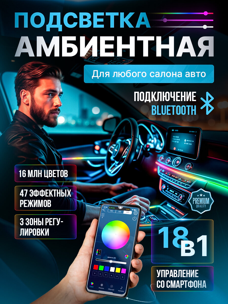 Амбиентная контурная подсветка салона в машину светодиодная 18 в 1, LED Ambient Light , торпеды, дверей, пола, кармашков с кнопкой.