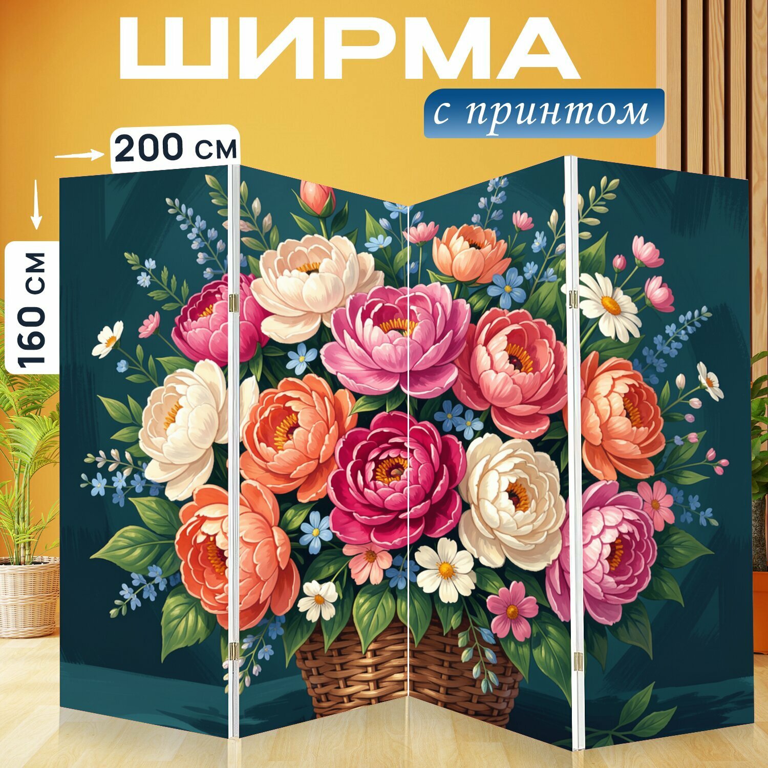 Ширма "Яркий букет в плетёной корзине. Пышная цветочная композиция в плетёной корзине: крупные бутоны, ромашки." перегородка для зонирования комнаты с принтом 200x160 см. на холсте