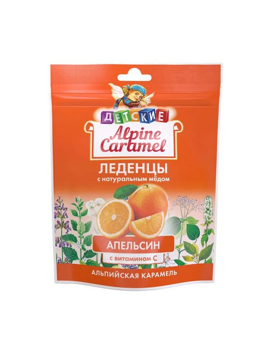 Альпийская карамель с медом и витамином С апельсин детские Alpine Caramel леденцы пак. 75г