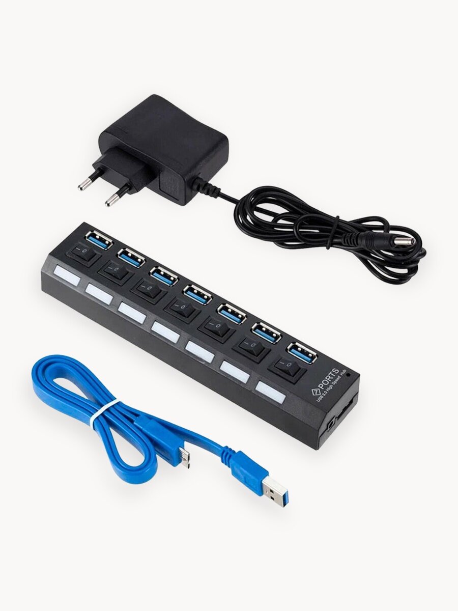 Hub USB 3.0 на 7 портов с выключателями + Блок питания в комплекте, USB разветвитель на 7 портов, USB-концентратор