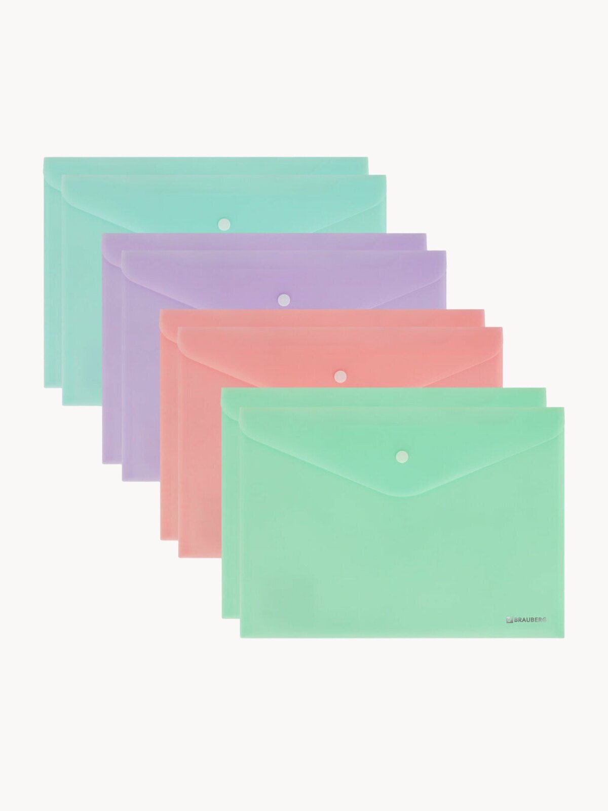 Папка конверт для документов, тетрадей и бумаг А4 с кнопкой, набор 8 штук, канцелярия для школы и офиса, пастельные цвета, Brauberg Pastel, 272865
