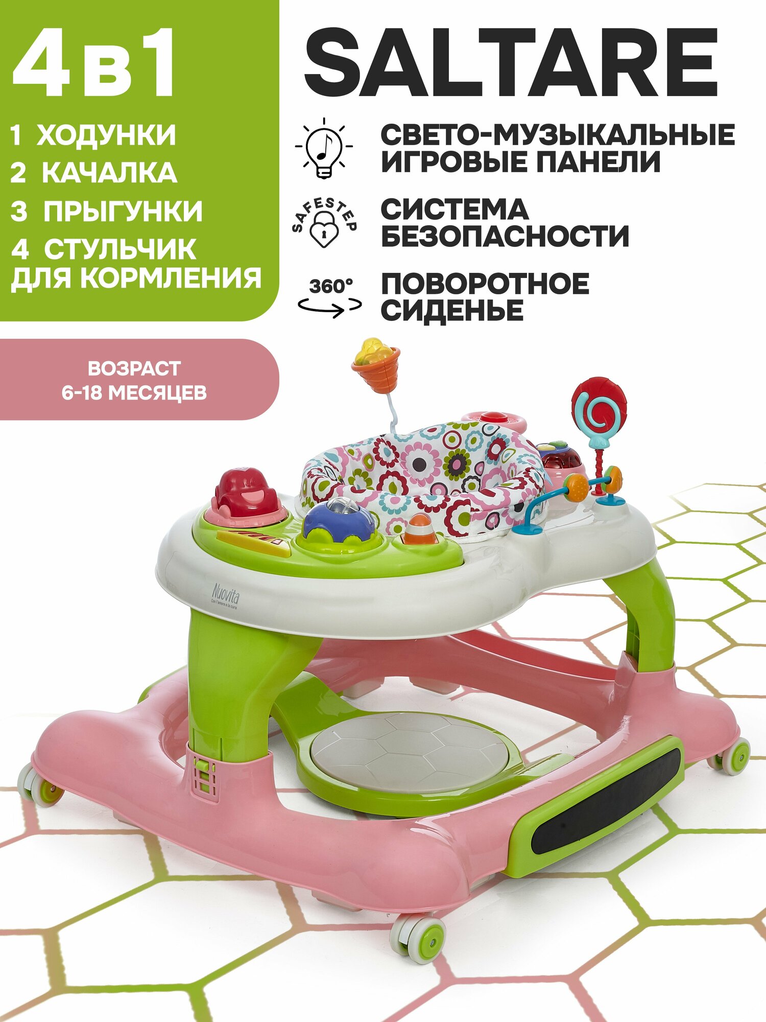 Ходунки детские Nuovita Saltare 4 в 1: ходунки, прыгунки, игровой центр, толкатель (Rosa Lime/Розово - салатовый)