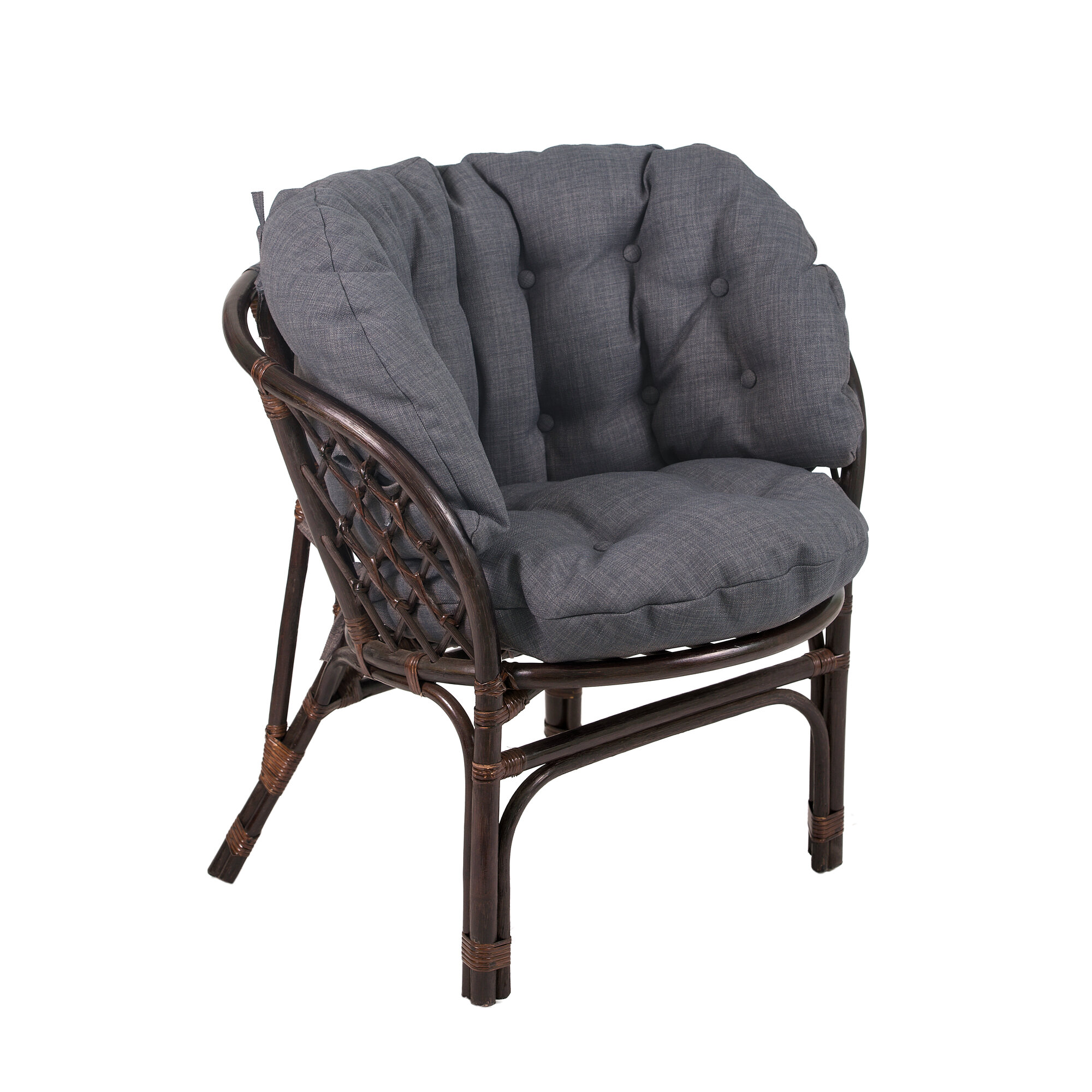Кресло из натурального ротанга с большой серой подушкой Багама, цвет темно-коричневый