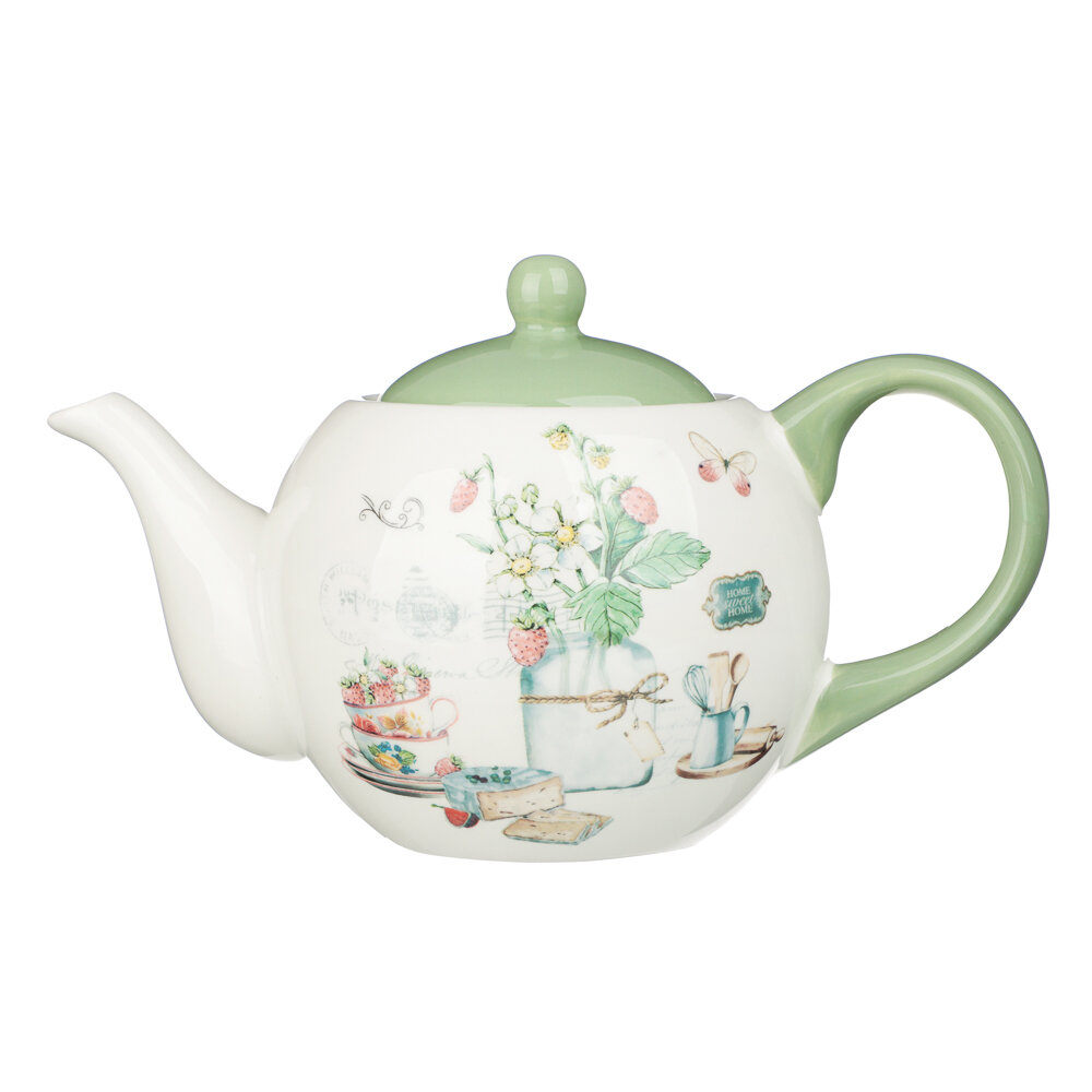 MILLIMI Земляника Чайник заварочный, 900мл, керамика, подарочный, зелёный