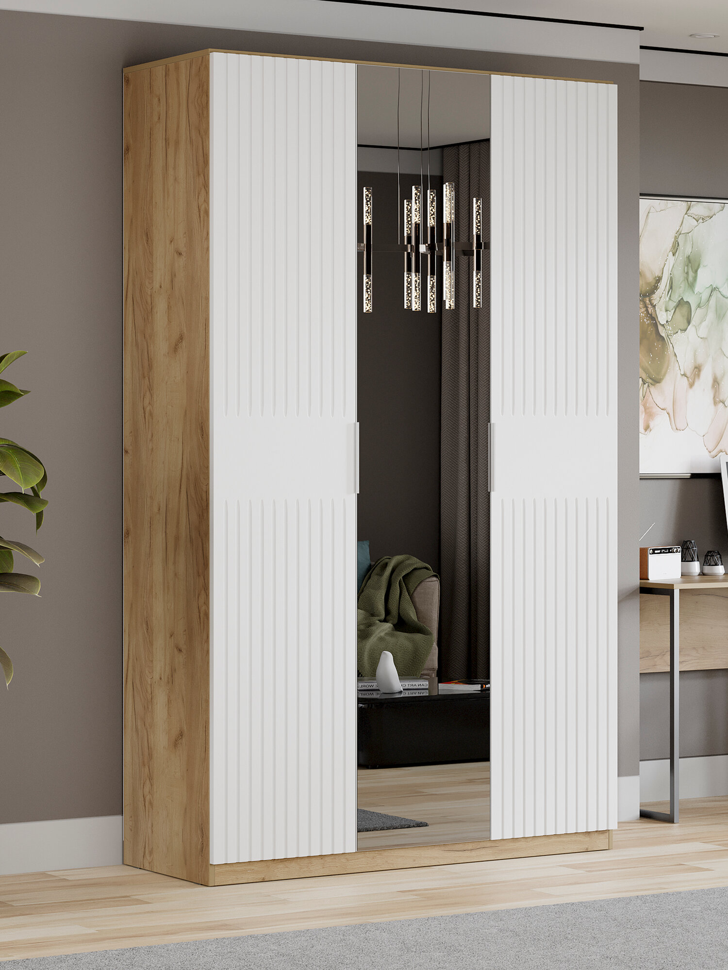 Шкаф для одежды комбинированный 135х52.8х226 см, с полками и штангой Хилтон, Дуб Крафт золотой/Белый матовый