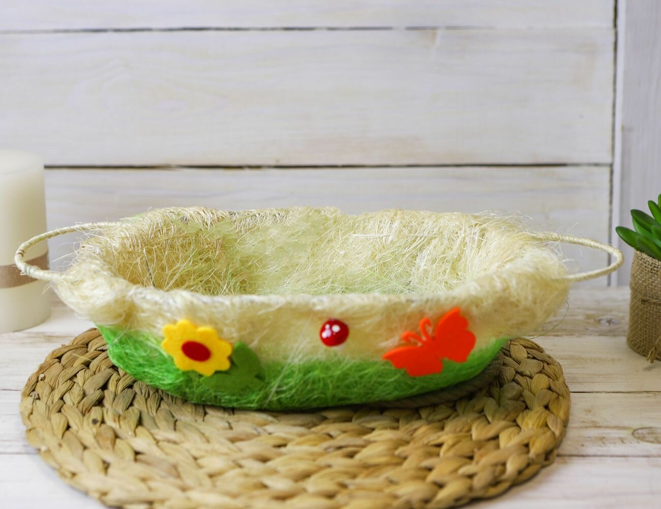 Декоративная корзина весенняя корзинка, натуральный материал, зелёная, 24х14 см, Koopman International 765031900-2