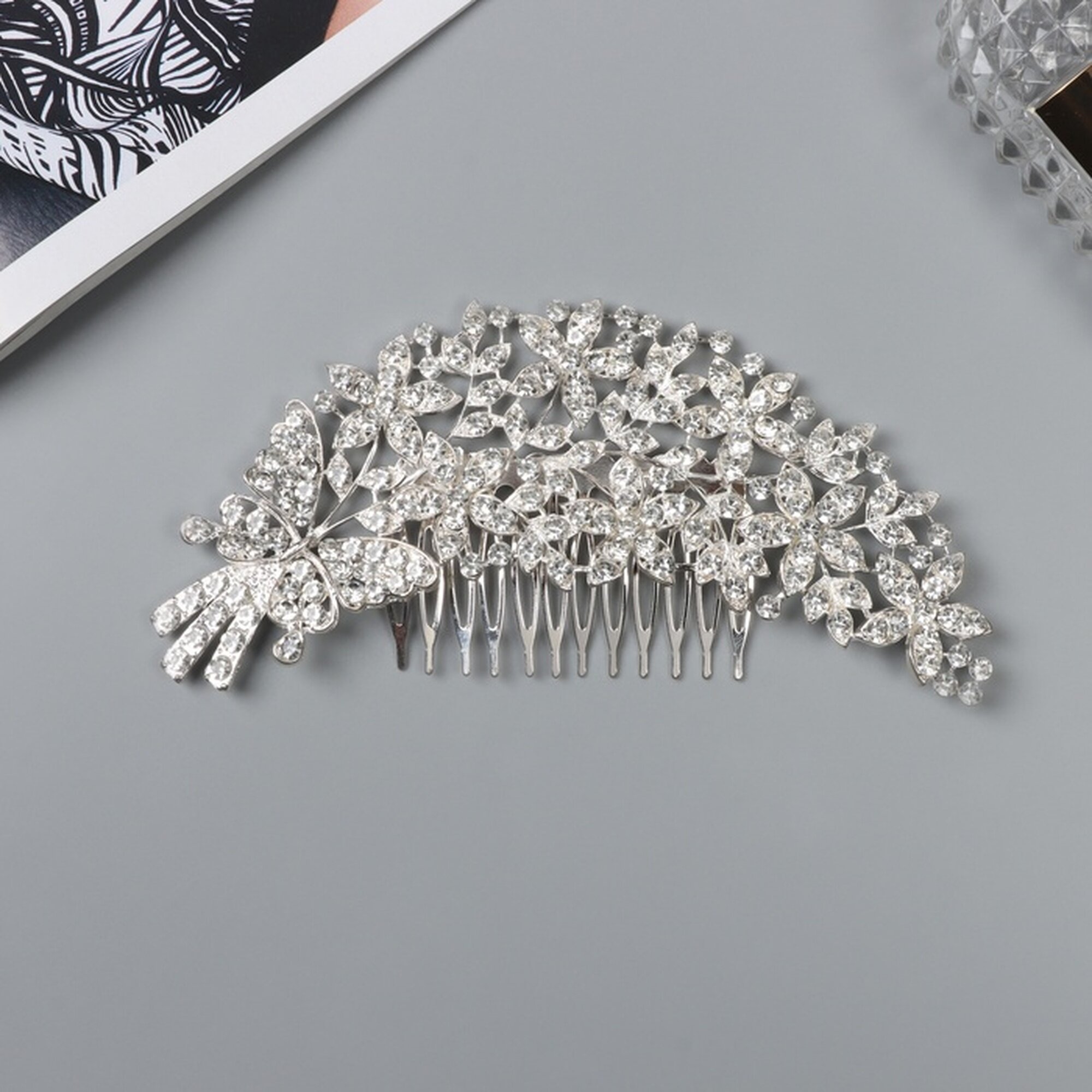 Гребень для волос Сима-ленд "Розмари", металл, стекло, стразы, серебристый, 14 см