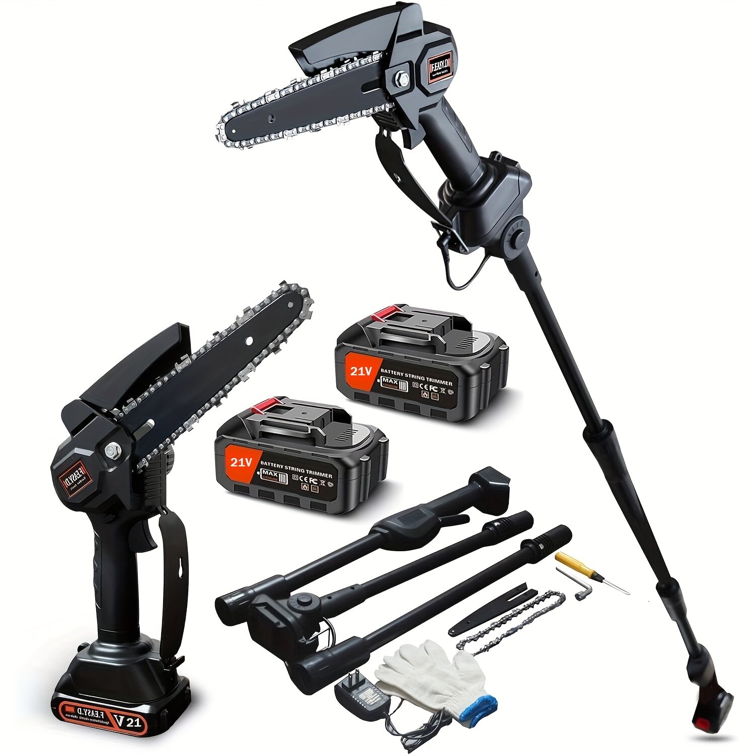 2-в-1 Беспроводная пилорама и мини-цепная пила – легкая, многоугольная, с диапазоном до 13 футов, с питанием от двух аккумуляторов по 1500 мАч для обрезки деревьев и веток