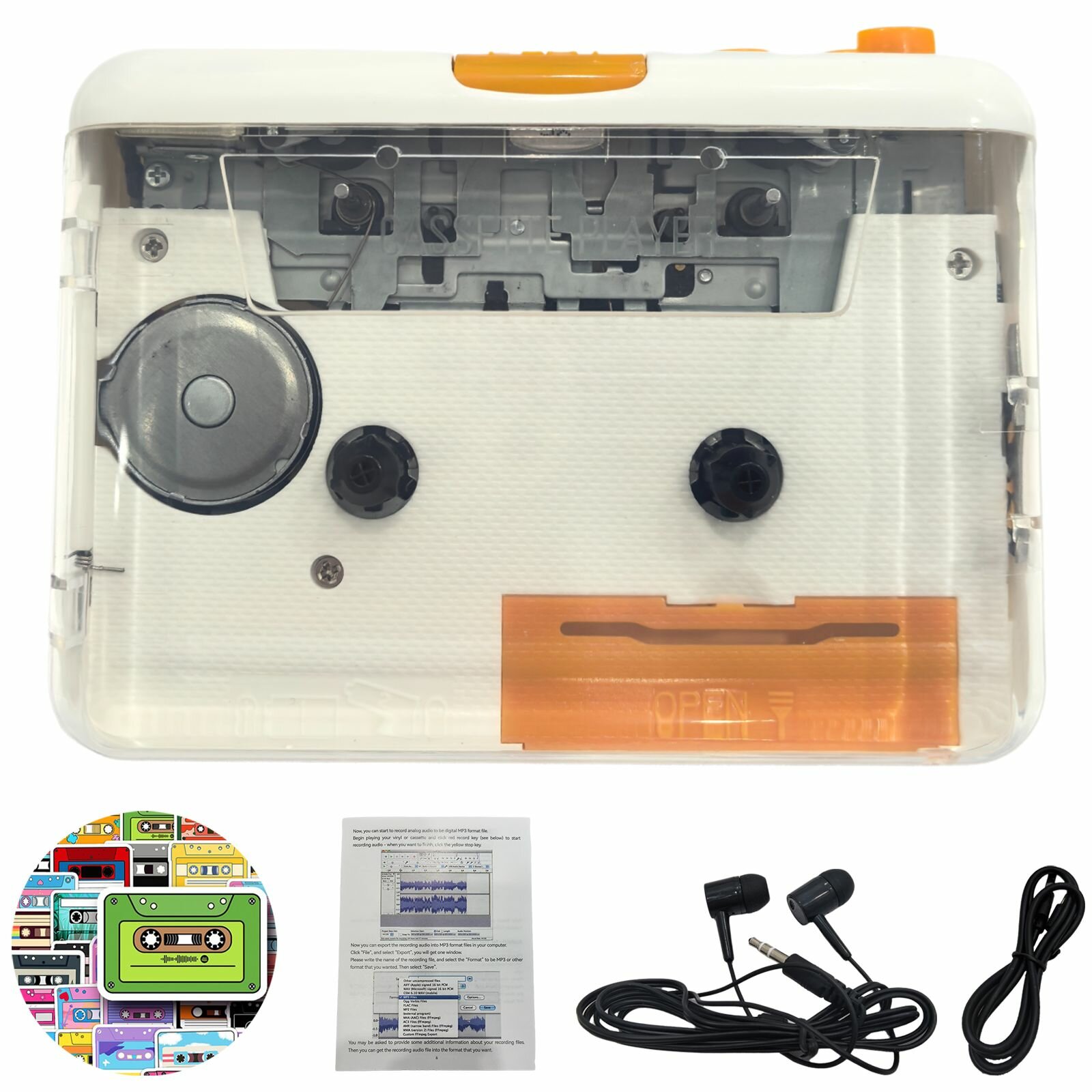 Портативный кассетный проигрыватель, с поддержкой MP3, оранжевый