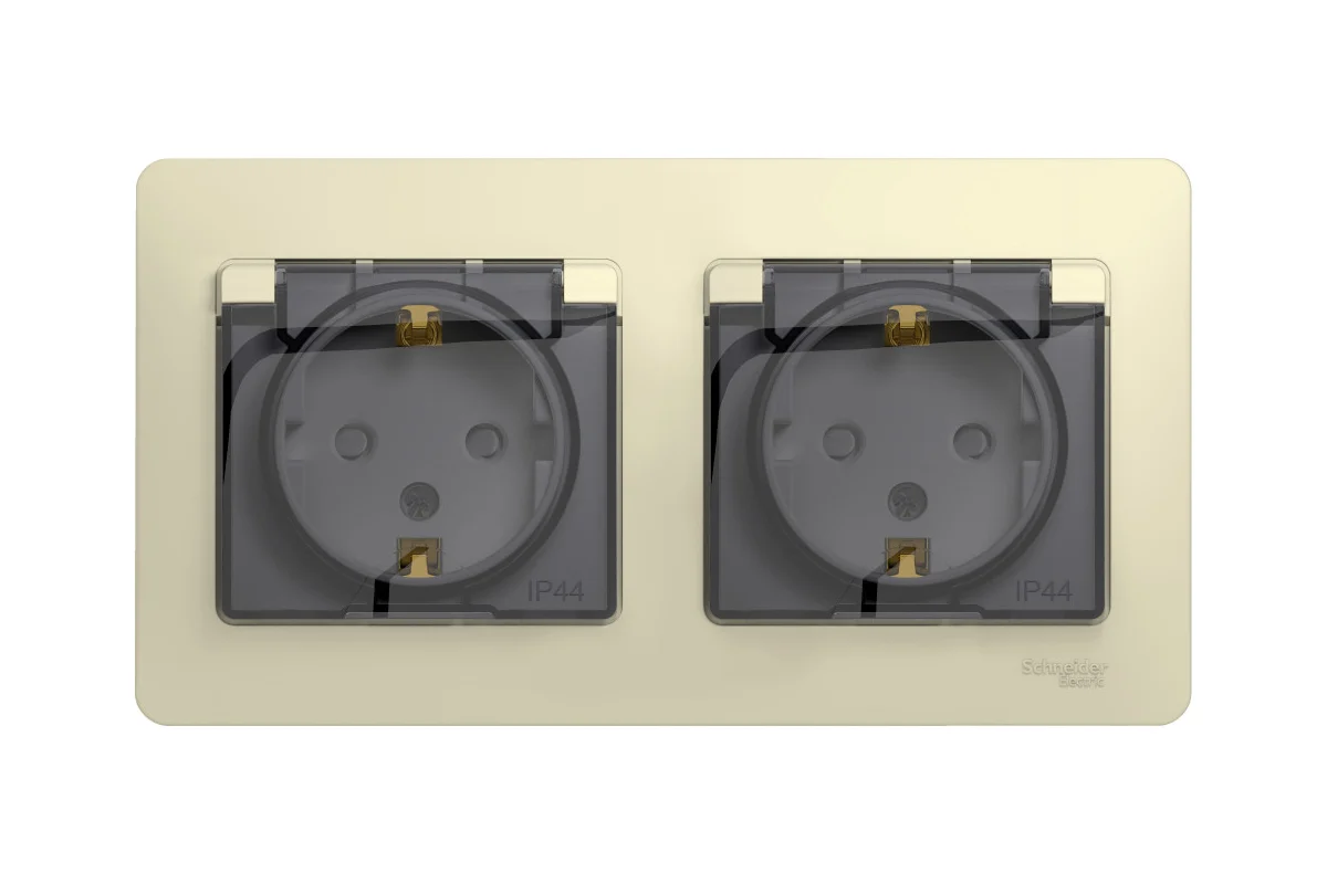 Розетка двухместная с заземлением, со шторками (с крышкой) IP44, бежевая, Schneider Electric Glossa