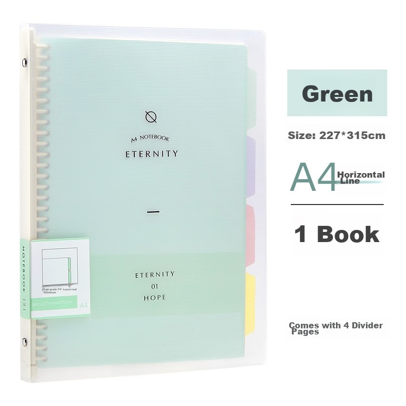 Wengu A4 Loose-Leaf Notebook, Detachable Binder, 30 Holes, 60 Sheets, Ruled Paper, Four-Color Index Dividers, Green B17-A4/D