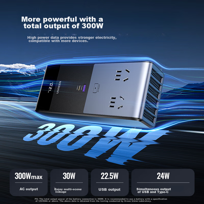 UGREEN Car Power Inverter, 12V to 220V Cigarette Lighter Converter, Power Socket, 300W High-Power Transformer Charger